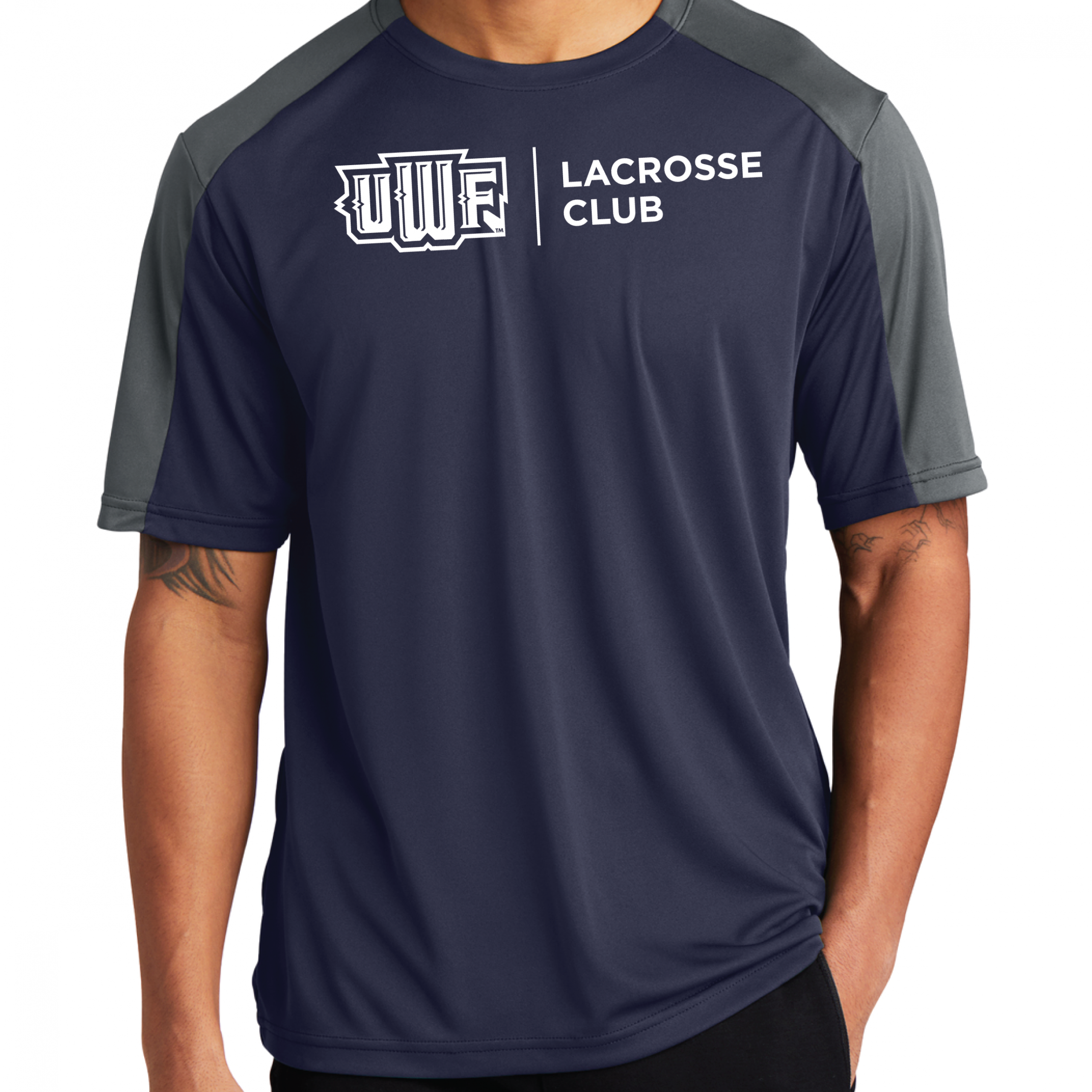 UWF Lacrosse Sleeve-Blocked Performance Shirt - Navy/Grey | Bar Down ...
